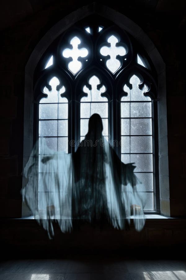 Spooky Ghost Silhouette Floating Near a Castle Window Stock ...