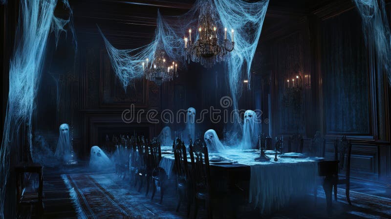 Spooky Ghosts Gather for a Haunted Dining Experience Stock Illustration ...