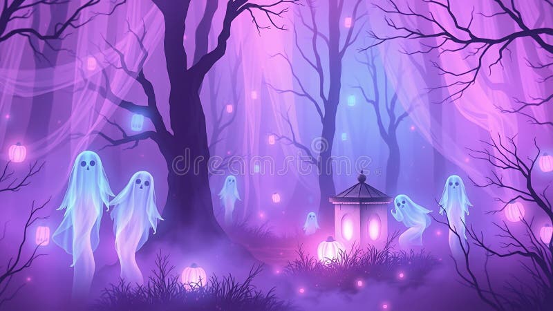 Spooky Ghosts in a Magical Forest Stock Illustration - Illustration of ...