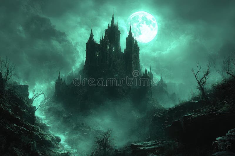 Dark Gothic Castle Under a Full Moon at Night Stock Illustration ...