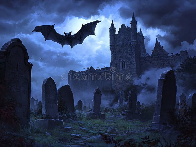 A Spooky Graveyard with Flying Bats, Dark Clouds, and an Ominous Castle ...