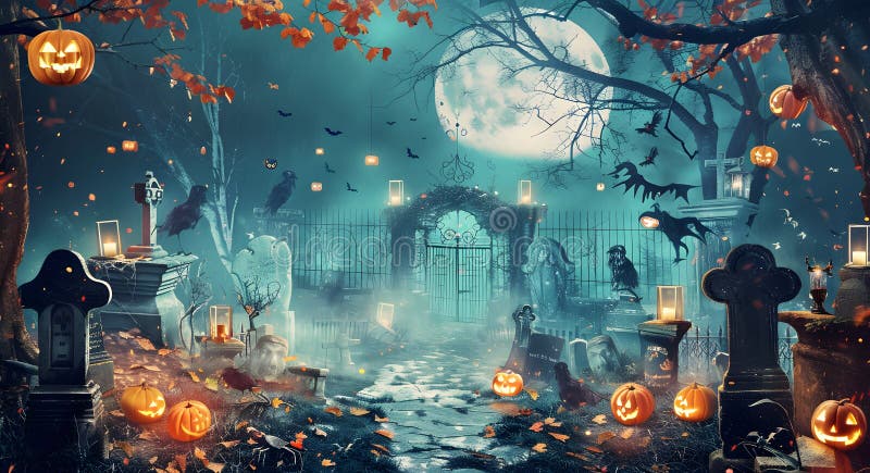Spooky Graveyard on Halloween Night with Haunted Forest Stock ...