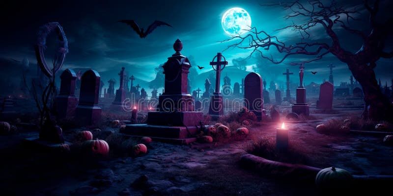 Spooky Graveyard at Midnight, with Tombstones, Bats, and a Full Moon ...