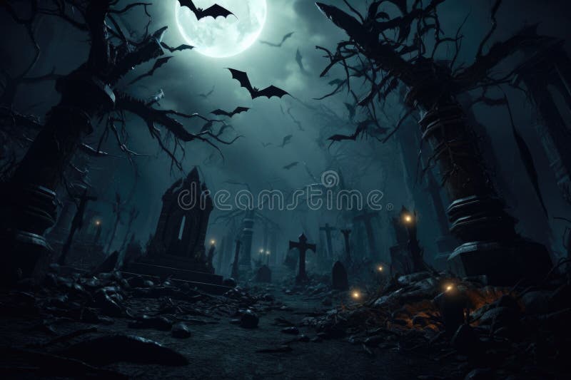 A Spooky Graveyard Scene with Bats Flying in the Sky. Perfect for Halloween-themed Designs or ...