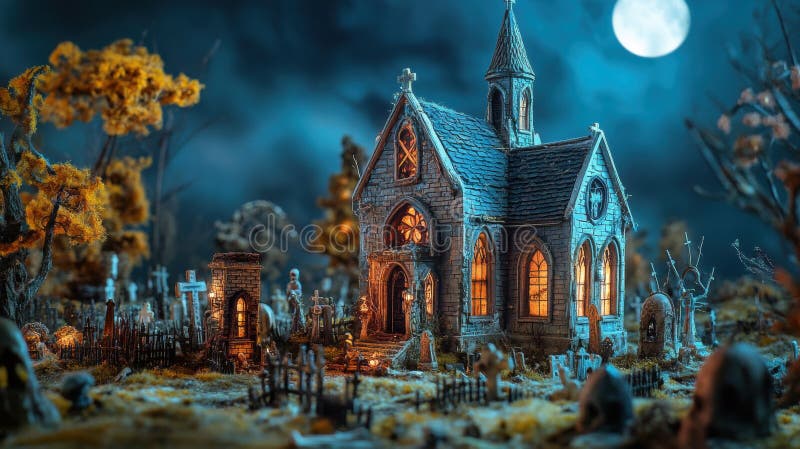 Spooky Graveyard Scene Featuring a Haunted Church at Night Stock ...