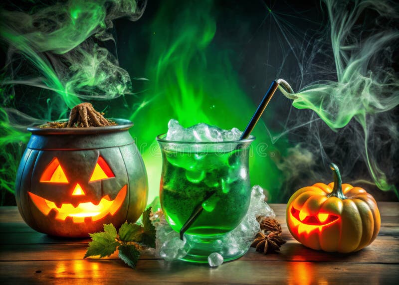 Spooky Green Potion Bubbles from Cauldron Glass Surrounded by Halloween ...