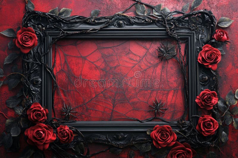 Spooky Halloween Background Featuring Black Ornate Frame with Red Roses ...