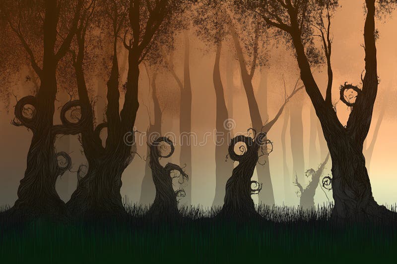 Trees in the Forest at Sunset. Halloween Background. Stock Illustration ...