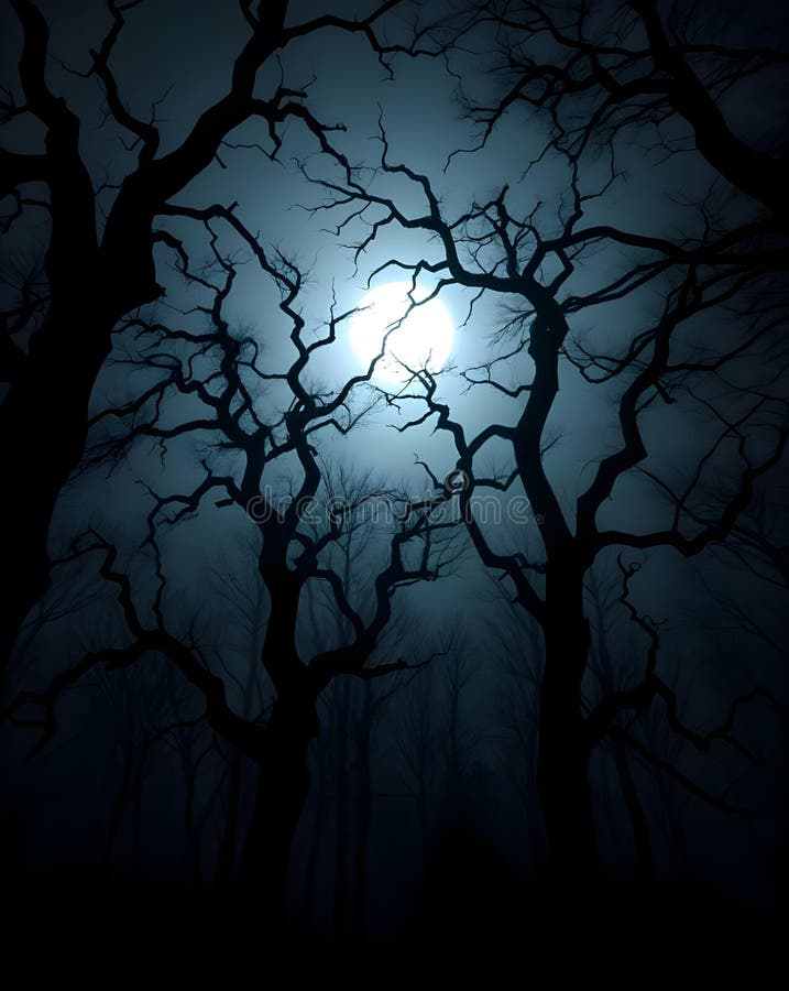 Spooky Halloween Background with Trees and Moon Stock Illustration ...