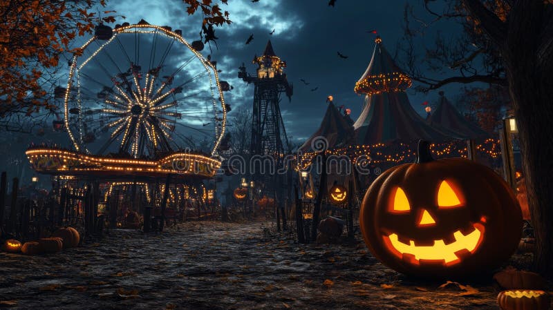 A Spooky Halloween Carnival with Jack-o -Lanterns and a Ferris Wheel ...