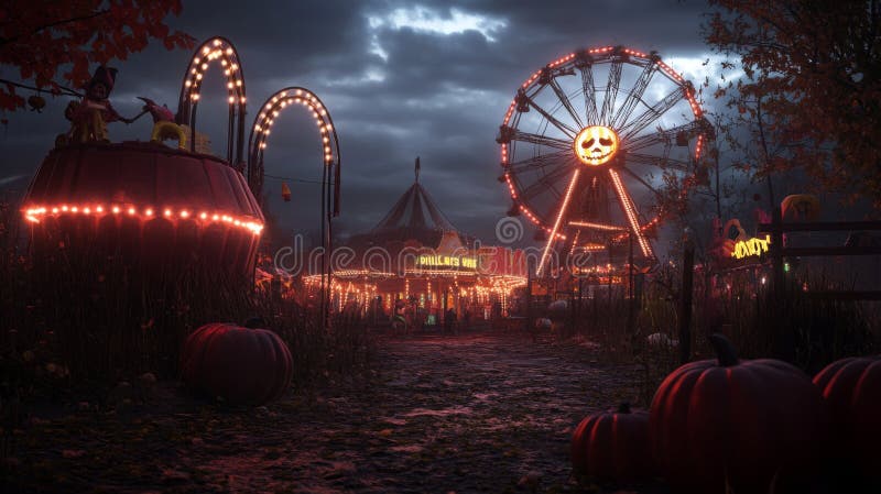 A Spooky Halloween Carnival at Night Stock Illustration - Illustration ...