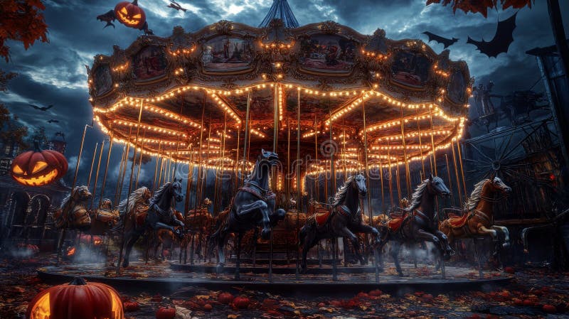 A Spooky Halloween Carousel with Jack-o-Lanterns and Bats Stock ...