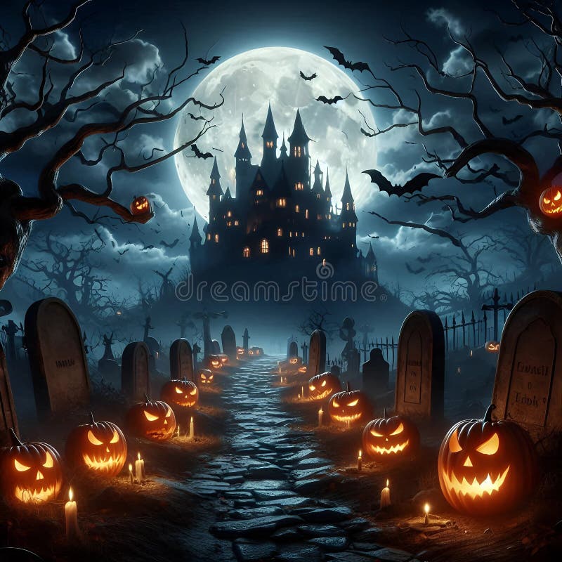 Spooky Halloween Castle with Moonlit Graveyard Path Stock Illustration ...