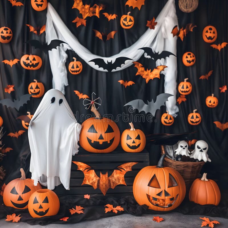 Spooky Halloween Decorations with a Ghost Stock Illustration ...