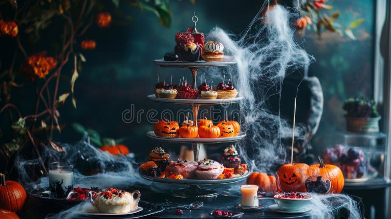 Spooky Halloween Dessert Table with Pumpkins and Spiderwebs Stock ...