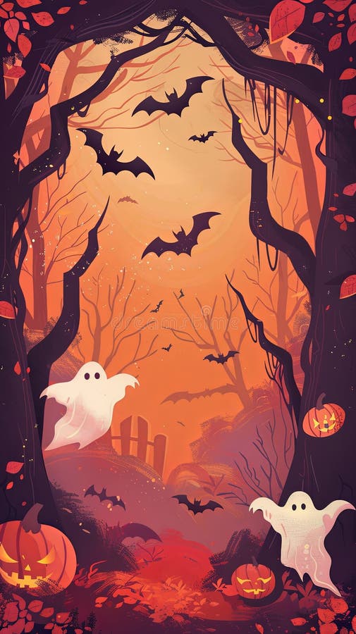 Spooky Halloween Forest with Bats, Ghosts, and Pumpkins. Vertical ...