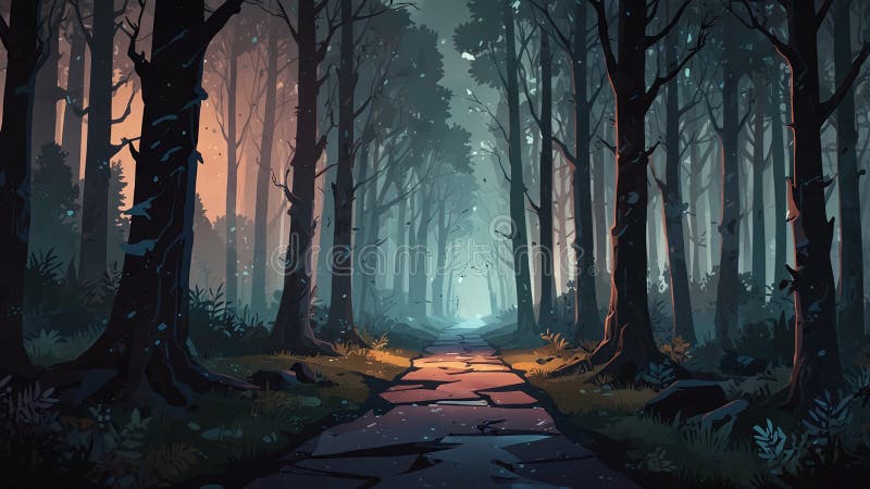 Spooky Halloween Forest Path with Glowing Light and Tall Trees Creating ...