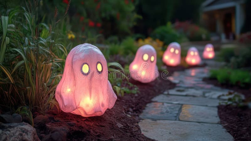 Spooky Halloween Ghost Decorations Lighting Garden Path at Night Stock ...