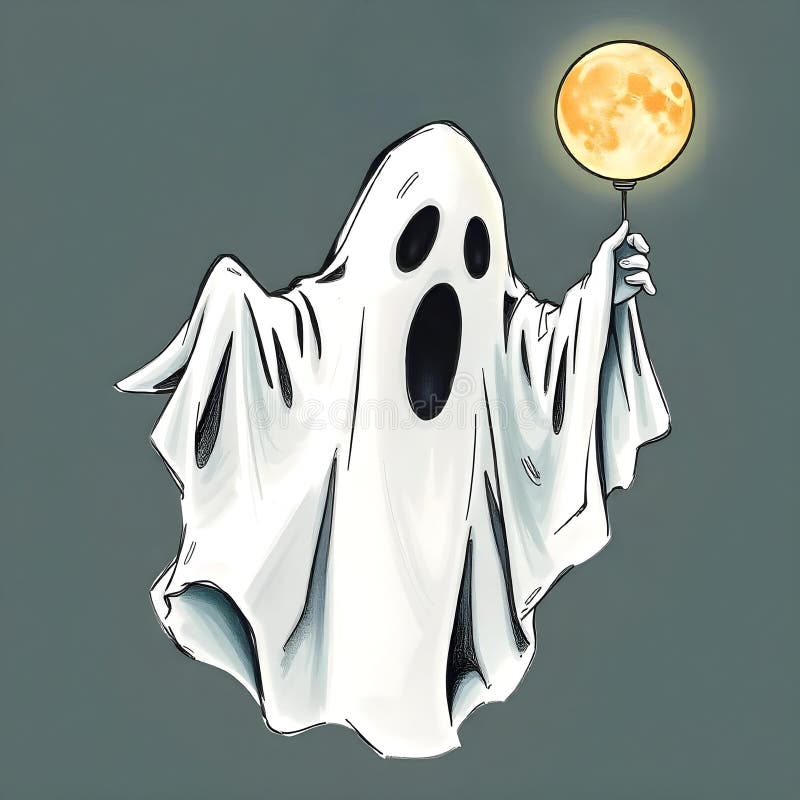 Spooky Halloween Ghost Floating with Mystical Creatures Stock ...