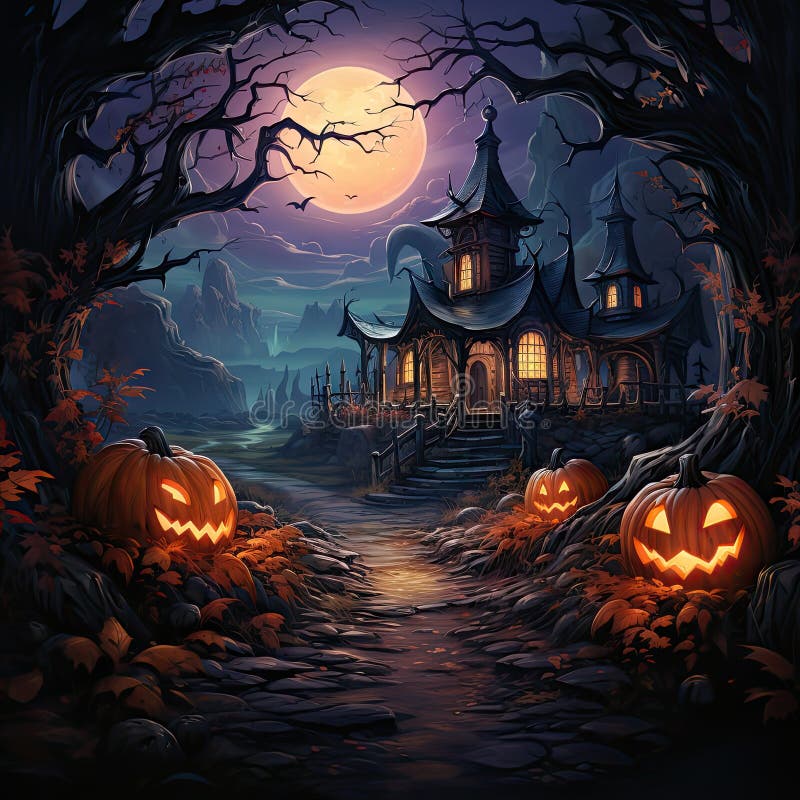 Spooky Halloween Ghost House with Scary Pumpkins Decorations Stock ...