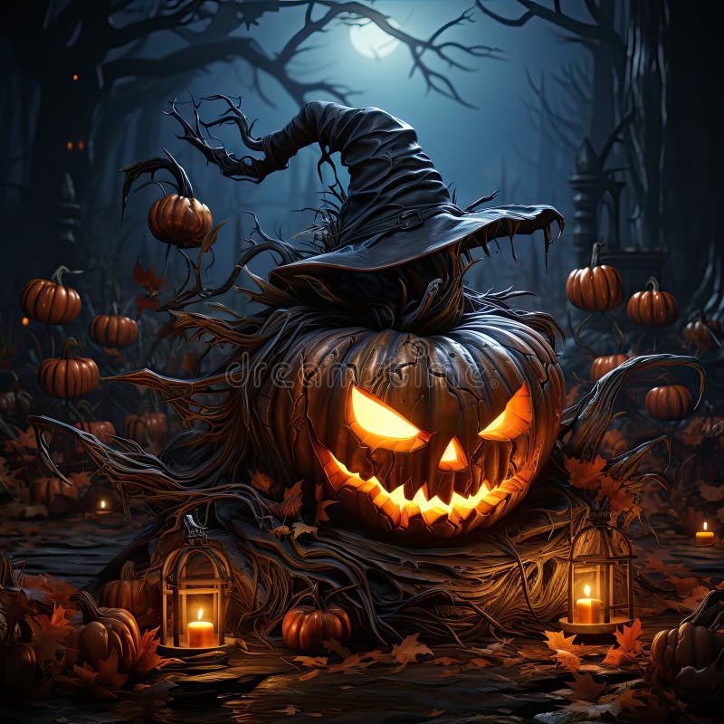 Spooky Halloween Ghost with Scary Pumpkins Decorations Stock ... Spooky Halloween Ghost with Scary Pumpkins Decorations Stock ...
