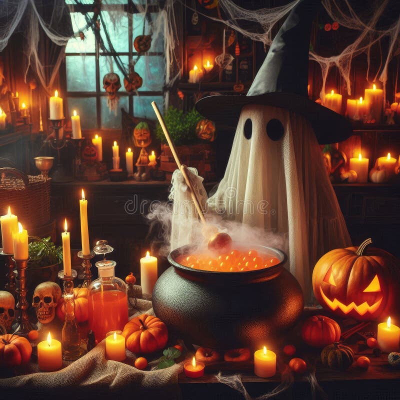 A Spooky Halloween Ghost Witch is Brewing a Potion in Her Cauldron ...