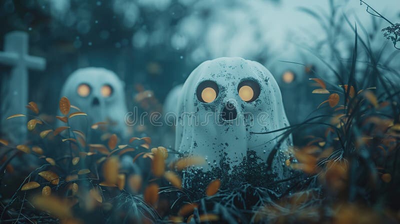 Spooky Halloween Ghosts in a Haunting Forest Stock Illustration ...