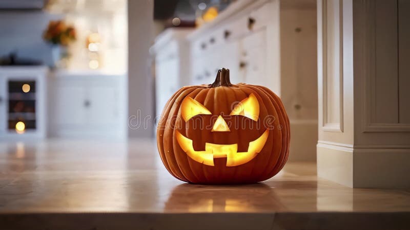 Spooky Halloween Jack O Lantern Pumpkin on Blurred White Kitchen ...