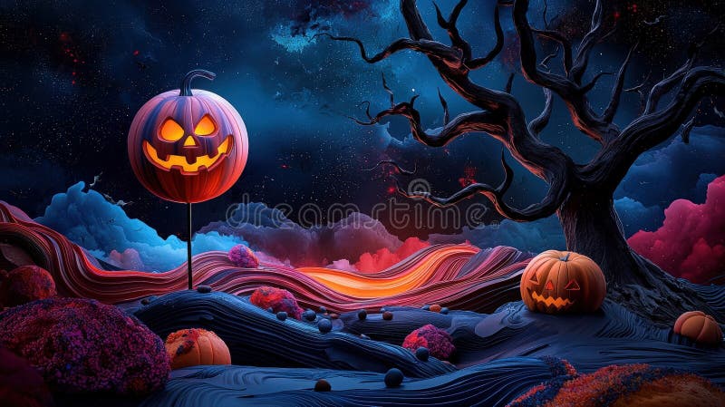 Spooky Halloween Landscape with Pumpkins and Eerie Tree Under a Starry ...