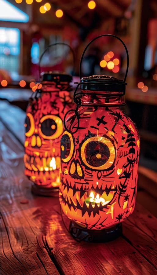 Spooky Halloween Lanterns with Evil Faces on Wooden Table in Eerie and ...