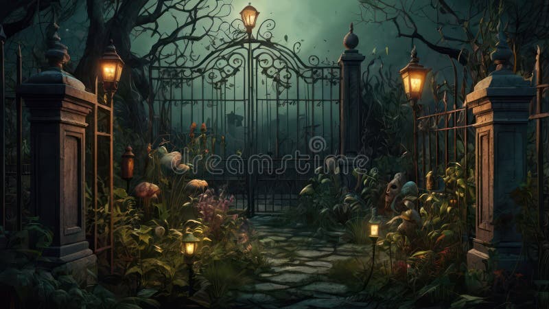 Spooky Halloween Night in the Garden Stock Illustration - Illustration ...
