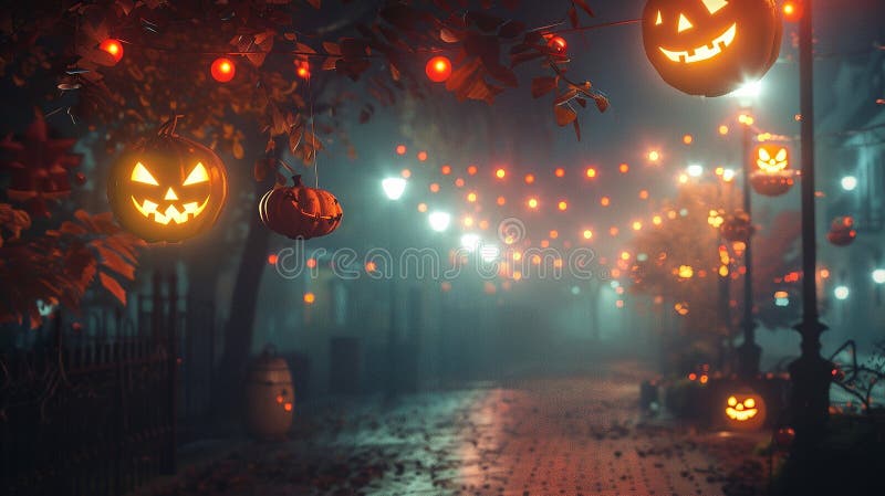 Spooky Halloween Night with Glowing Jack-o -lanterns and String Lights ...