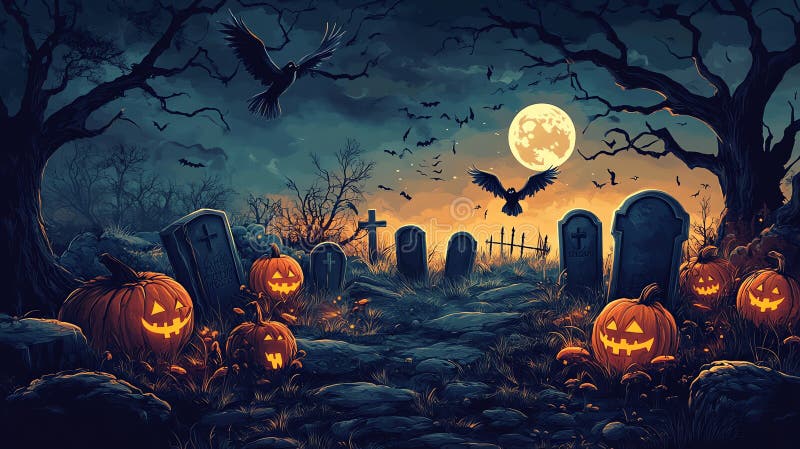 Spooky Halloween Night in the Graveyard with Crows and Full Moon Stock ...