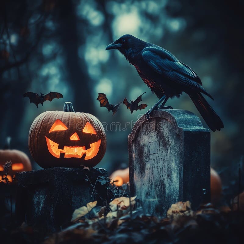 Spooky Halloween Night in the Graveyard with Crows and Full Moon Stock ...