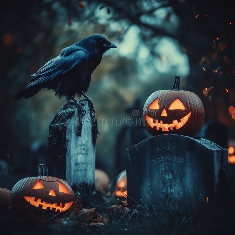 Spooky Halloween Night in the Graveyard with Crows and Full Moon Stock ...