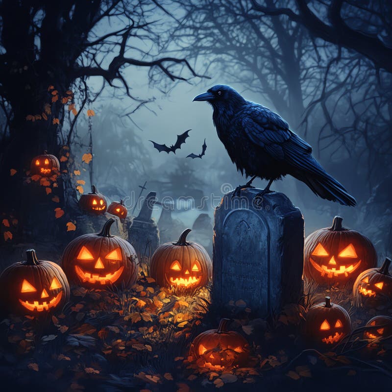 Spooky Halloween Night in the Graveyard with Crows and Full Moon Stock ...