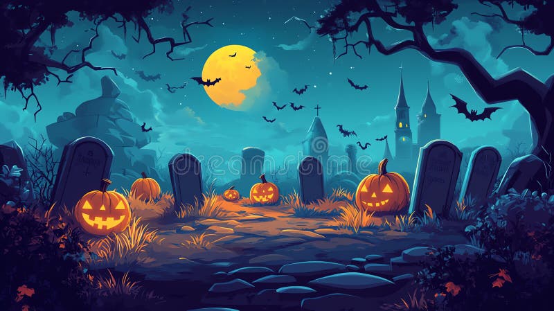 Spooky Halloween Night with a Haunted House, Pumpkin, and Bats Under ...