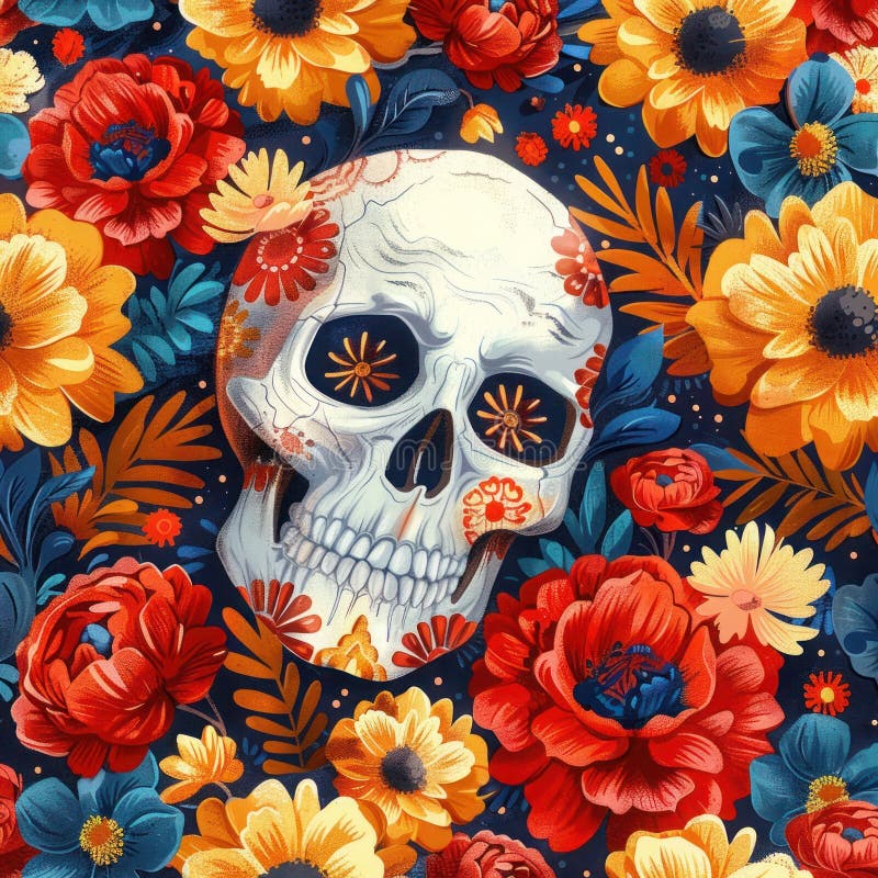 Spooky Halloween Night Seamless Pattern with Skulls and Flowers Vector ...