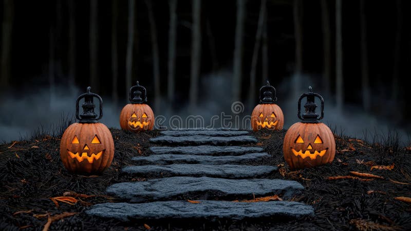 Spooky Halloween Pathway with Carved Pumpkins and Lanterns Eerie Forest ...