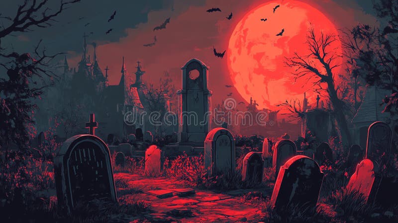 Spooky Halloween Red Sky Night Silhouette Thombstone Stock Photo ...