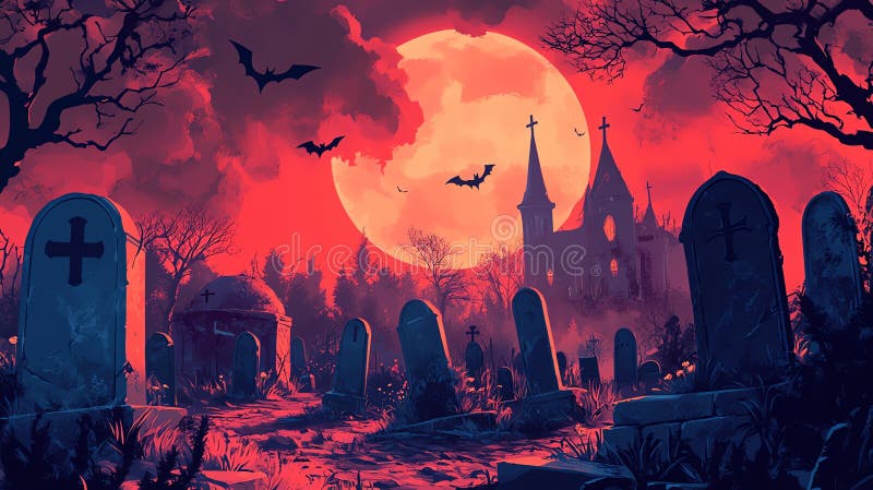 Spooky Halloween Red Sky Night Silhouette Thombstone Stock Photo ...