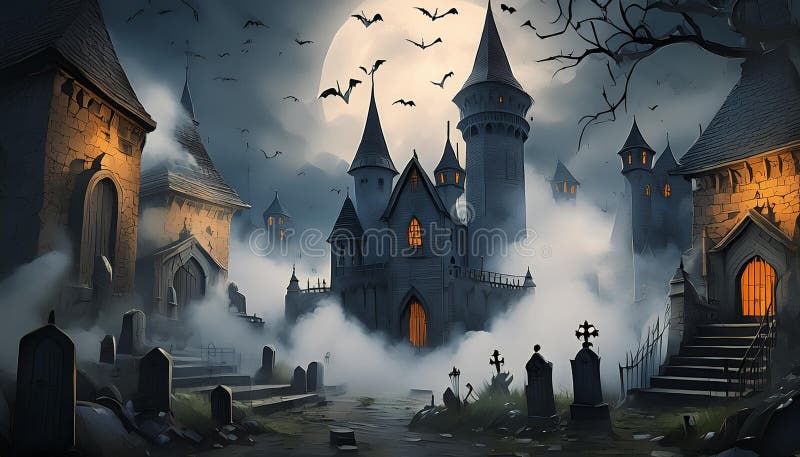 A Spooky Halloween Scene with a Castle and Bats Flying Around Stock ...