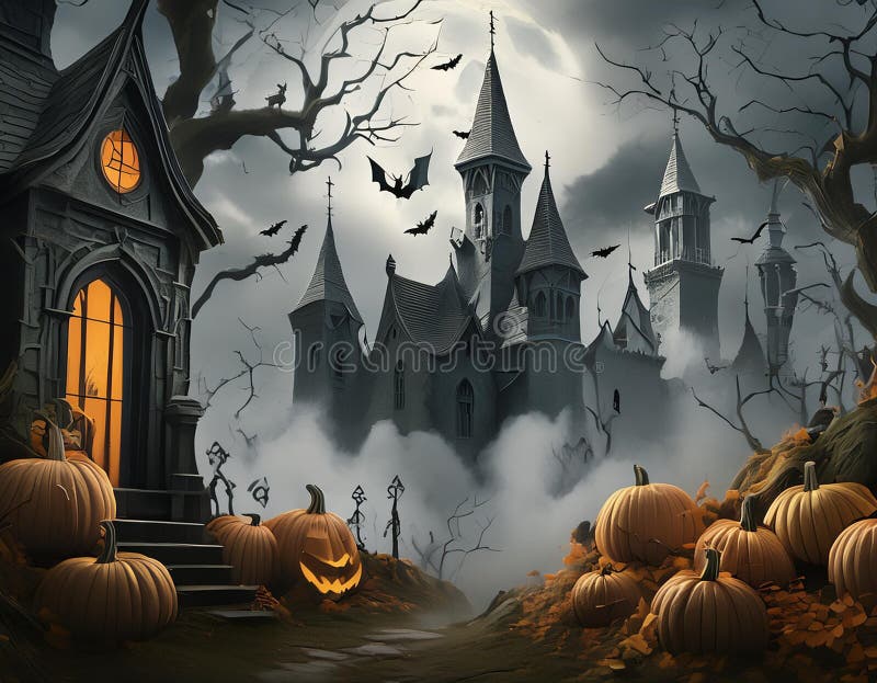A Spooky Halloween Scene with a Castle and Bats Flying Around Stock ...