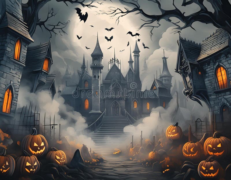 A Spooky Halloween Scene with a Castle and Bats Flying Around Stock ...