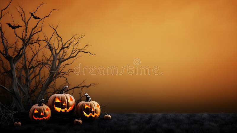 Halloween Pumpkins, Spooky Tree, Bats on Orange Background with Large ...