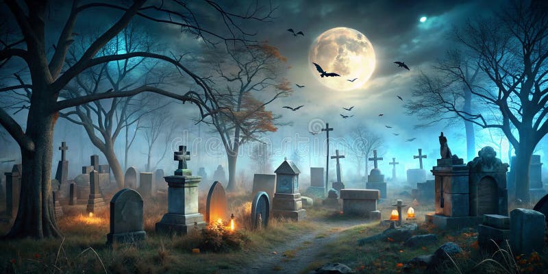 A Spooky Halloween Scene Featuring a Haunted Graveyard at Dusk ...
