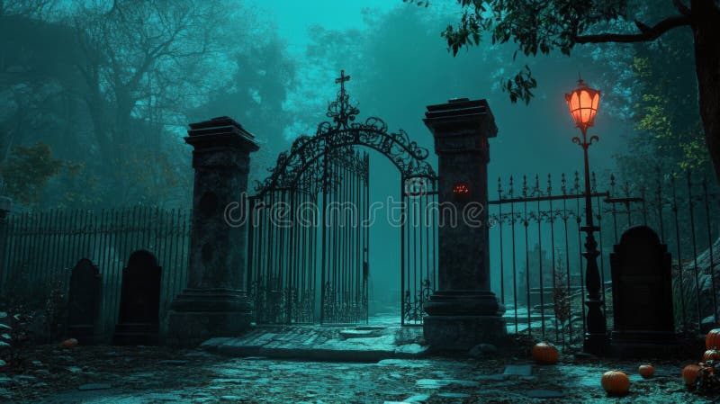 A Spooky Halloween Scene with a Gate, Fog, and Pumpkins Stock ...