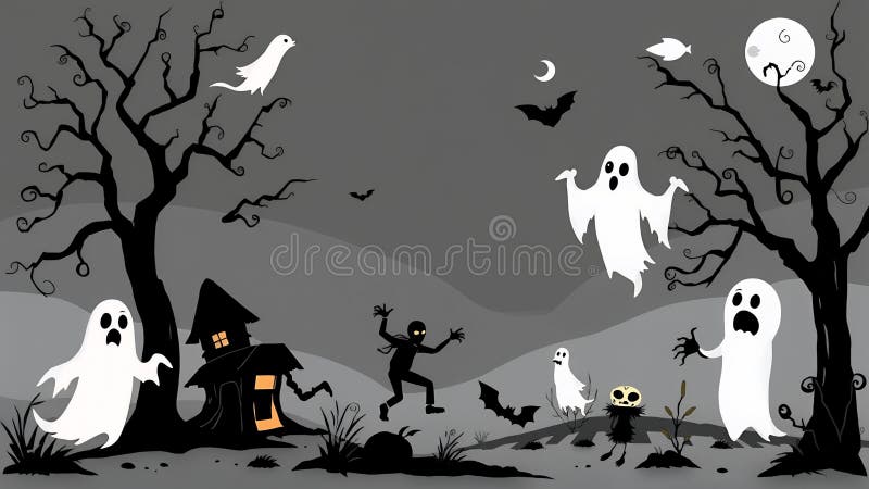 Spooky Halloween Scene with Ghosts Bats and a Haunted House Stock ...