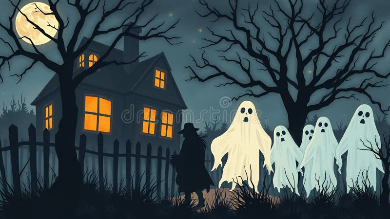A Spooky Halloween Scene with a Group of Ghosts and a Mysterious Figure ...