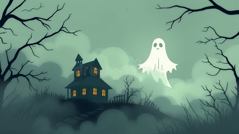 A Spooky Halloween Scene with a Haunted House and a Ghost Stock ...